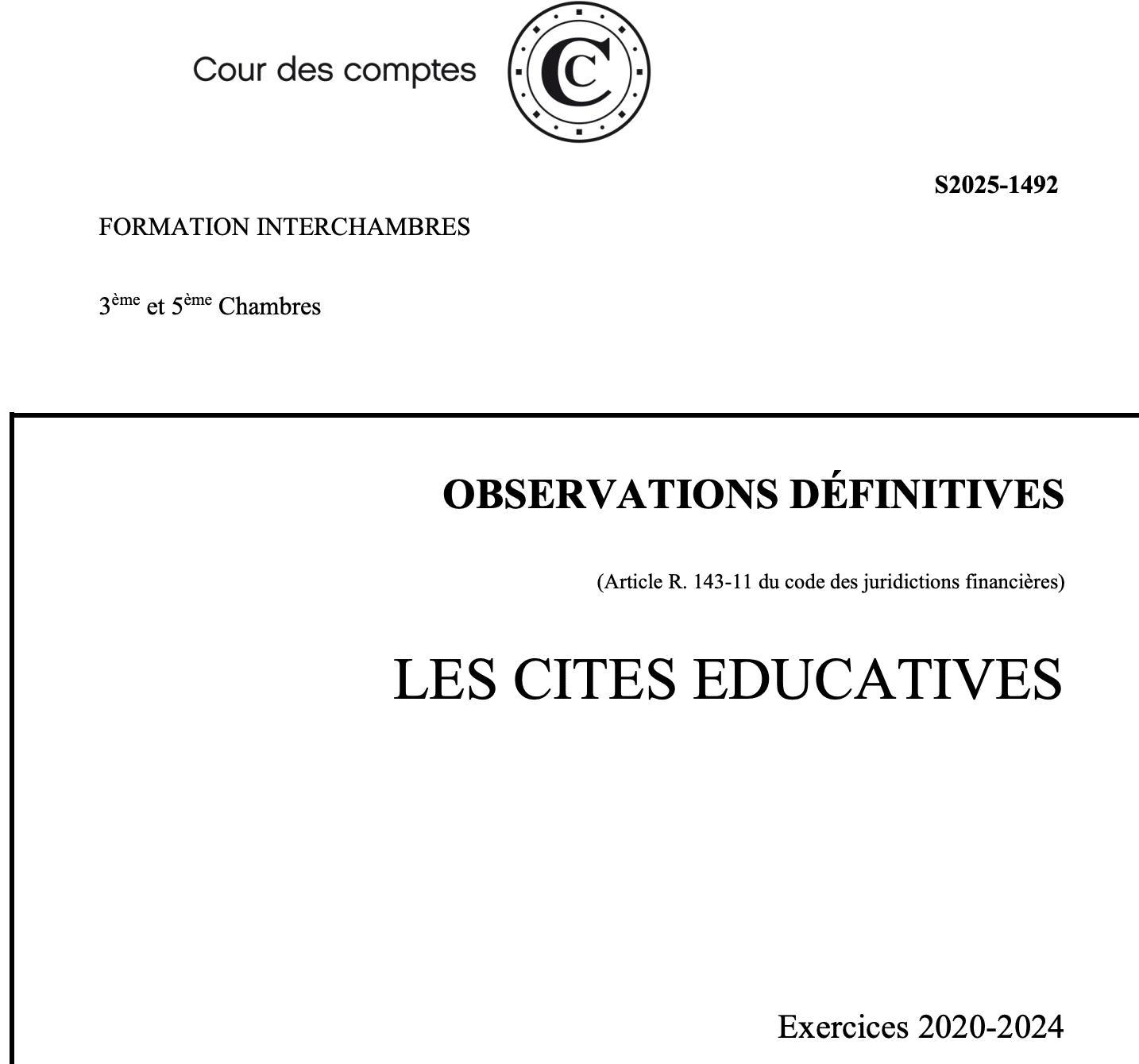 Cour des comptes - Rapport sur les cités éducatives - 2020-2024 - ANDEV